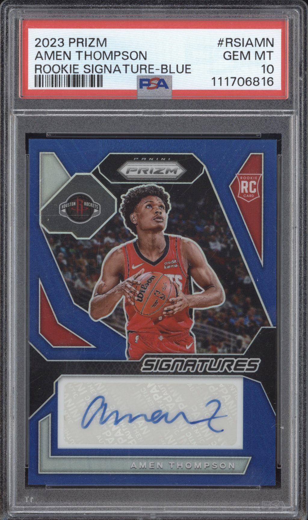 Amen Thompson 2023-24 Panini Prizm Rookie Signatures Blue RC 47/49 PSA