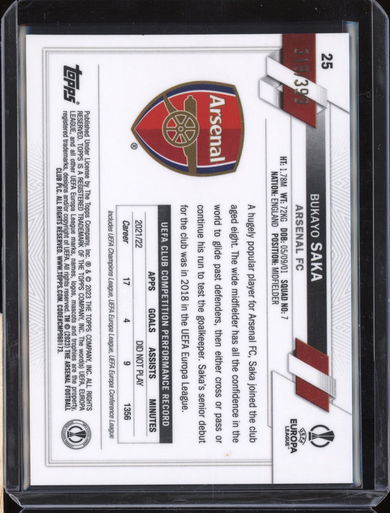 Bukayo Saka 2022-23 Topps Chrome UEFA 25 Neon Green Shimmer 319/399 ...