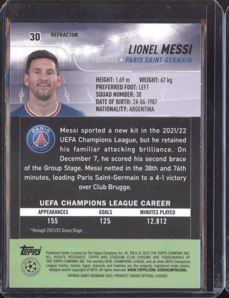 Lionel Messi 2021-22 Topps Stadium Club Chrome UCL 30 Refractor - The Hobby